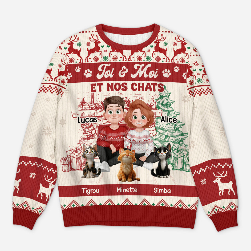 Pull Moche de Noël Personnalisé - Le Couple et Leur Chat - Cadeau Plus