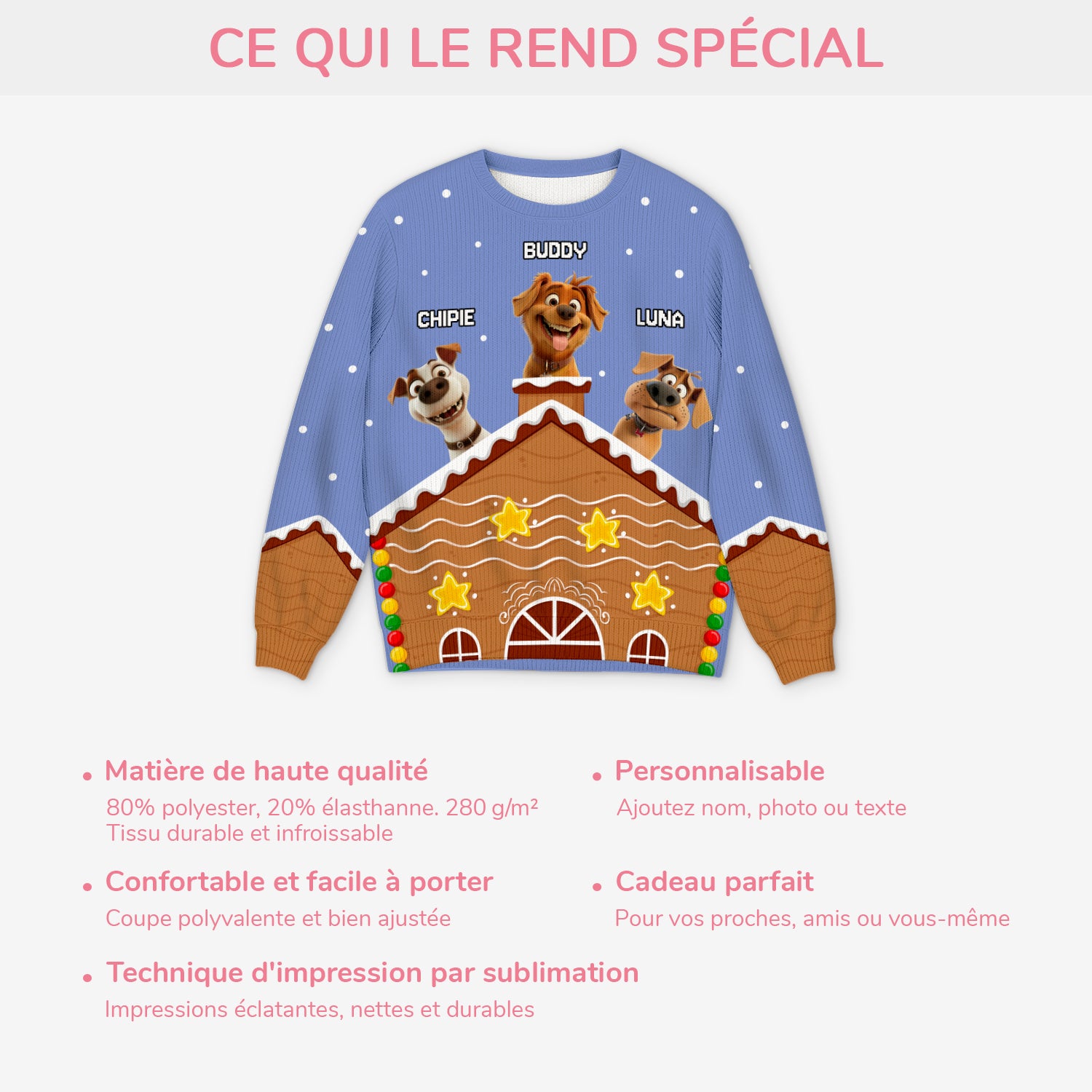 Pull Moche De Noël Personnalisé - Père Noël Et Des Chiens - Cadeau Plus